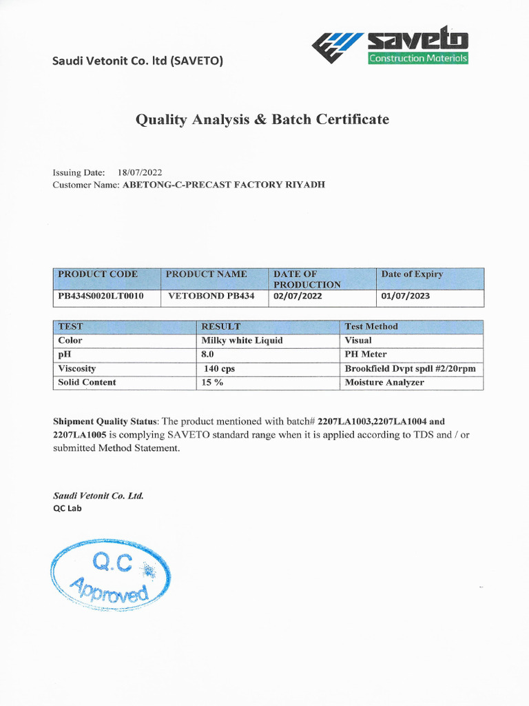 VETOBOND PB434 Batch Certificate - 18.7 | PDF