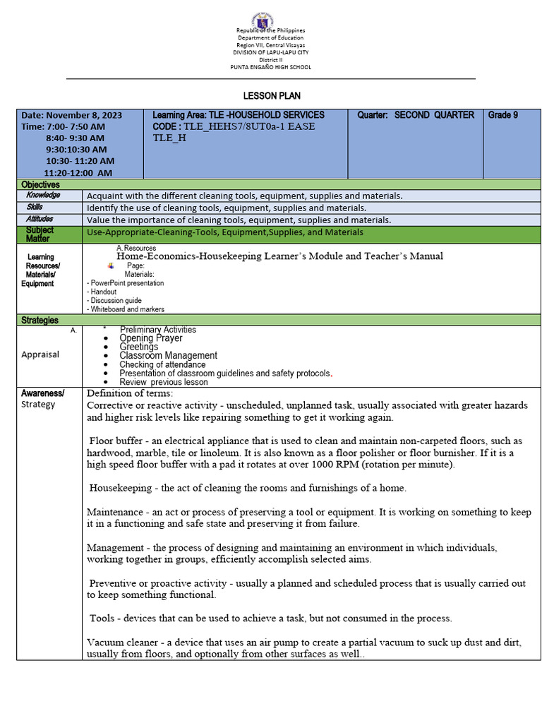 Cid Lesson Plan | PDF | Lesson Plan | Housekeeping