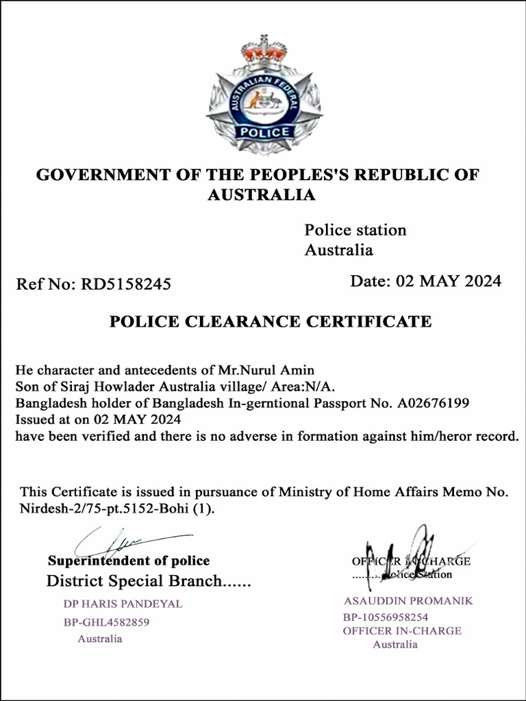 Nurul Amin-Police Clearance | PDF