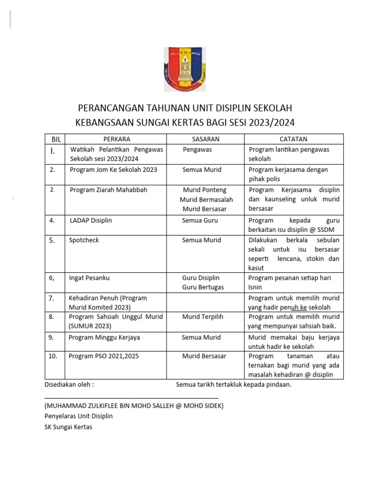 Takwim Unit Disiplin SKSK 2023 | PDF