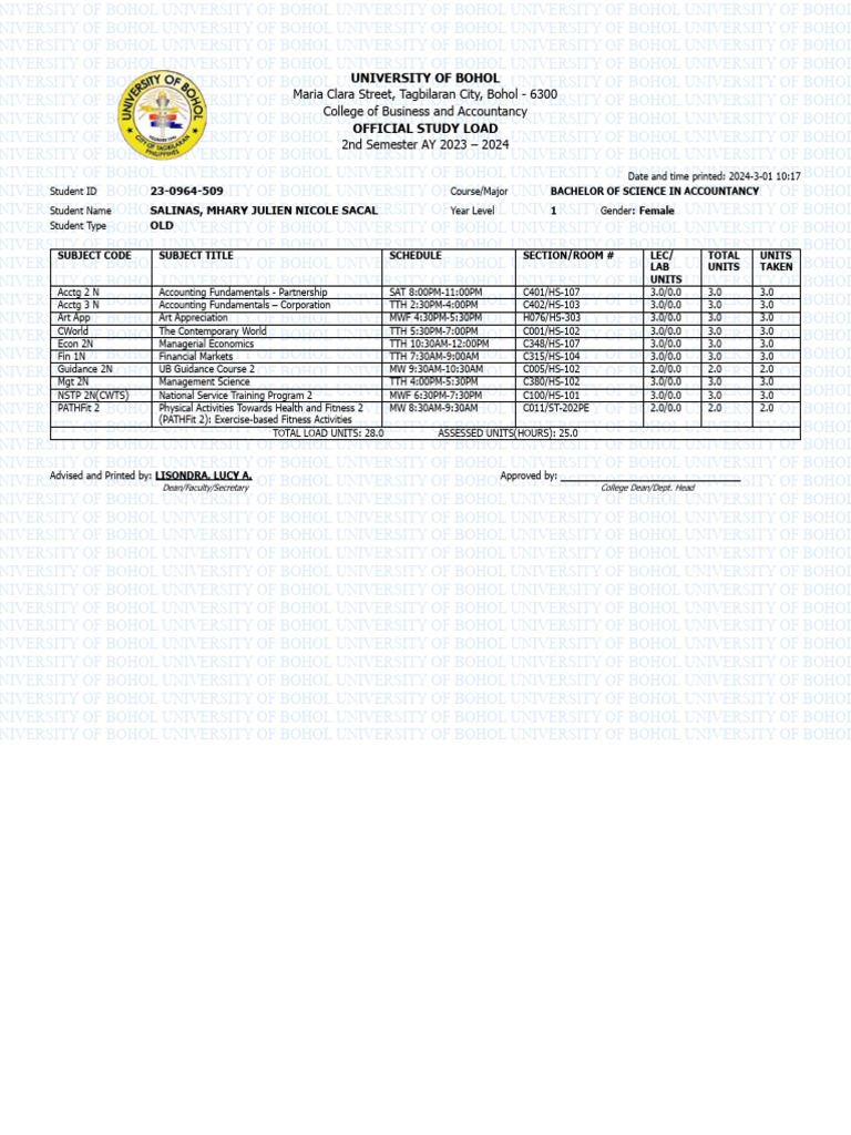 University of Bohol Study Load 2023-2024 | PDF | Economics