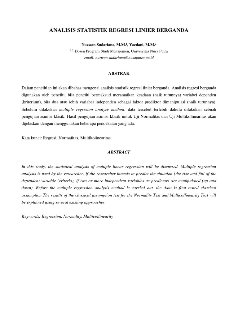 Analisis Statistik Regresi Linier Berganda | PDF | Metode & Bahan Ajar