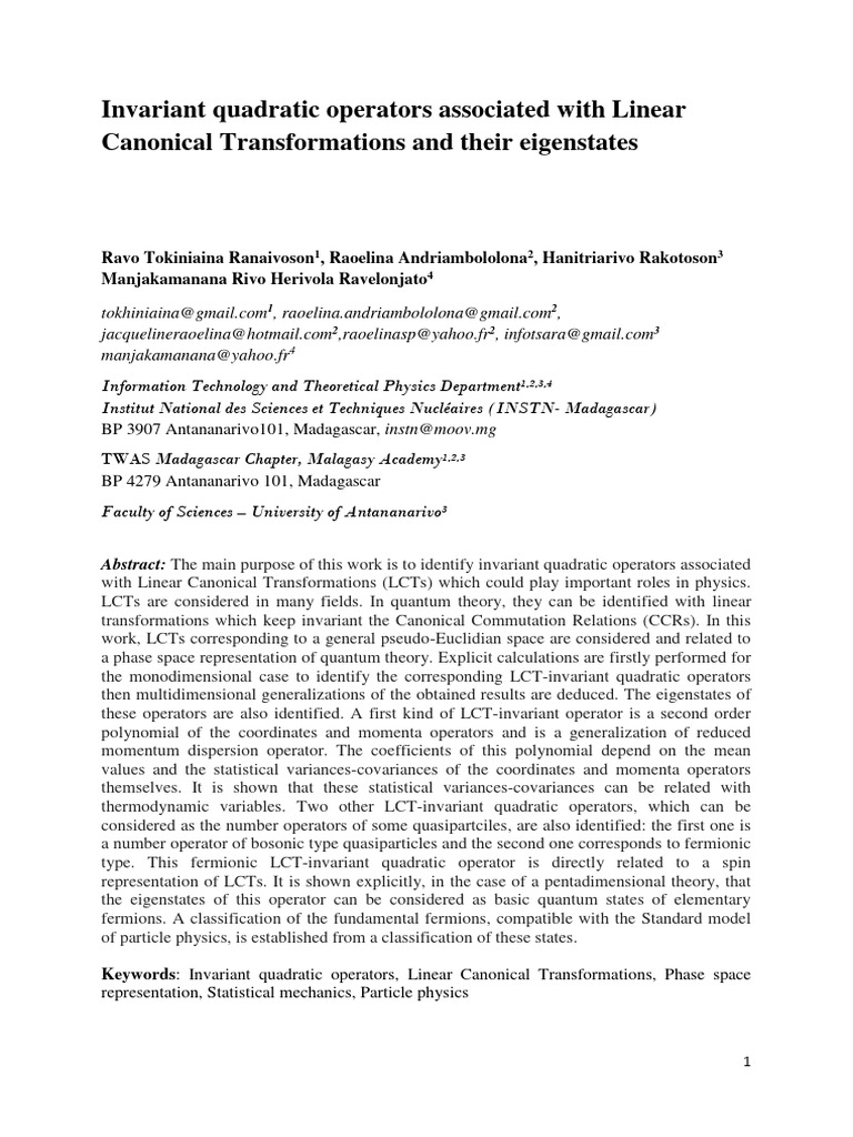 Invariant Quadratic Operator For Linear Canonical Transformation | PDF | Hamiltonian (Quantum ...