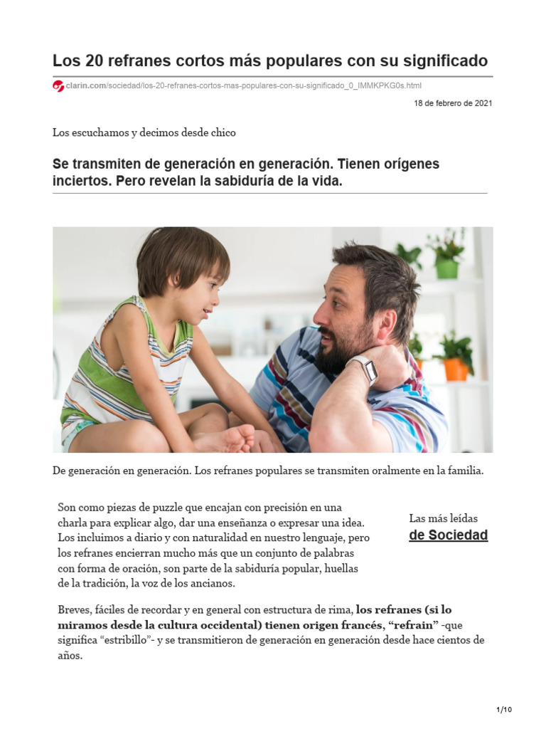 Los 20 Refranes Cortos Más Populares Con Su Significado | PDF | Amor