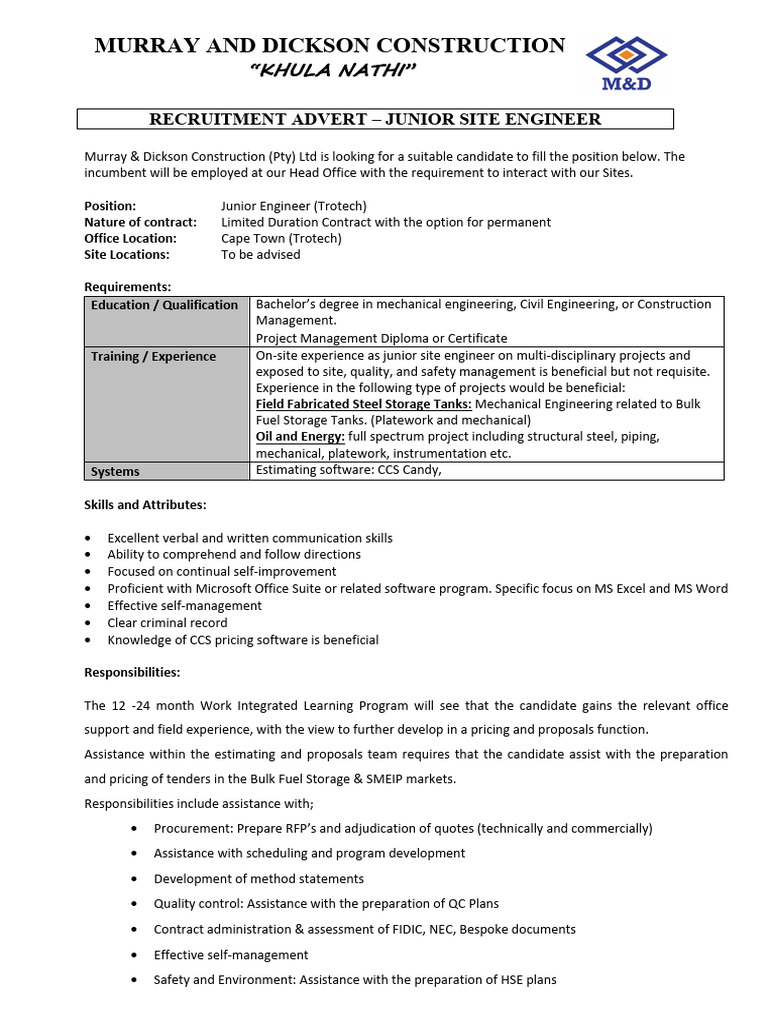 Recruitment Advert Junior Engineer Trotech | PDF | Engineer | Engineering