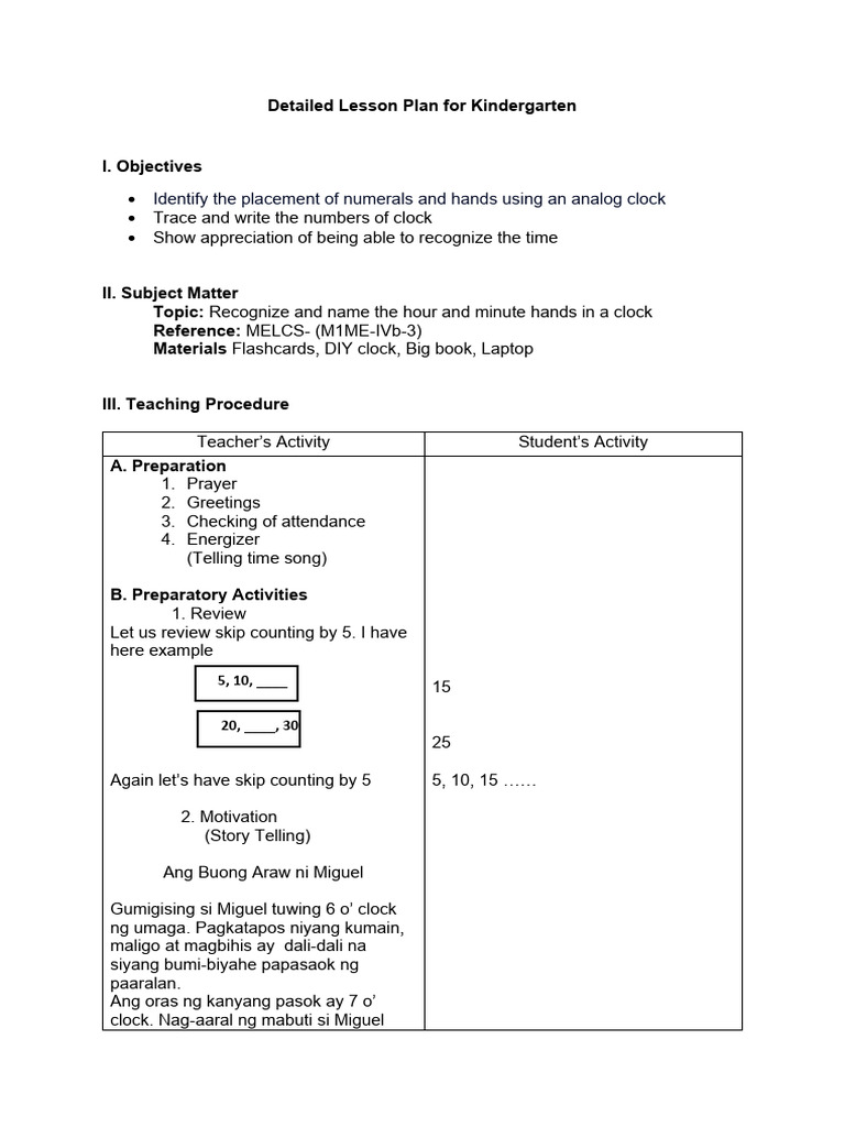 Kindergarten Clock Lesson Plan | PDF | Human Communication | Cognition