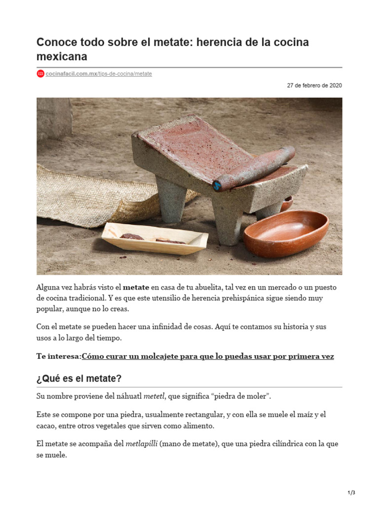 .Mx-Conoce Todo Sobre El Metate Herencia de La Cocina Mexicana | PDF ...