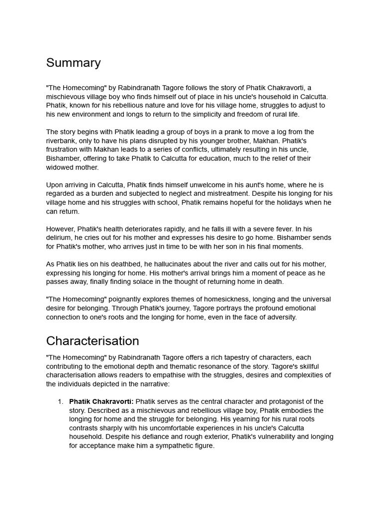 Summary Of Tagore S The Homecoming Pdf Identity Social Science