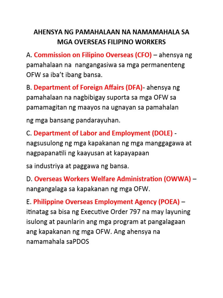 Mga Ahensya at Programa para Sa Mga OFW | PDF