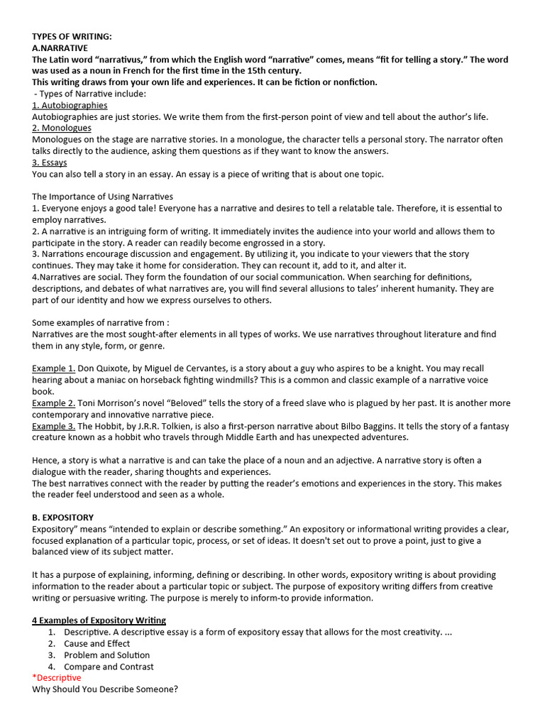 Types of Writing: Narrative to Argumentative | PDF | Narrative | Narration