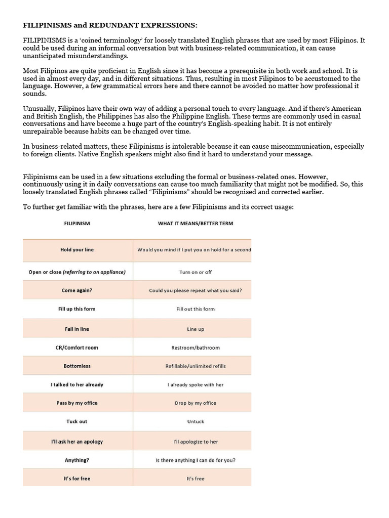 Final - FILIPINISMS and REDUNDANT EXPRESSIONS | PDF | Truth | English ...