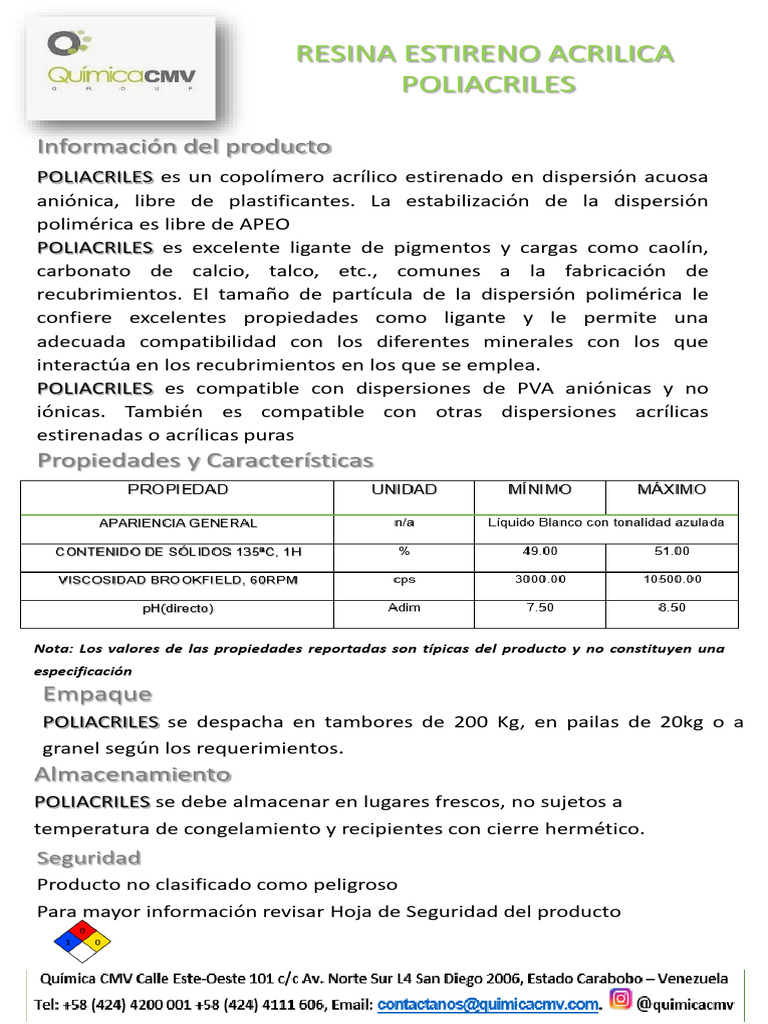 FICHA TECNICA Resina Estireno Acrilica Poliacriles.pptx 1 | PDF
