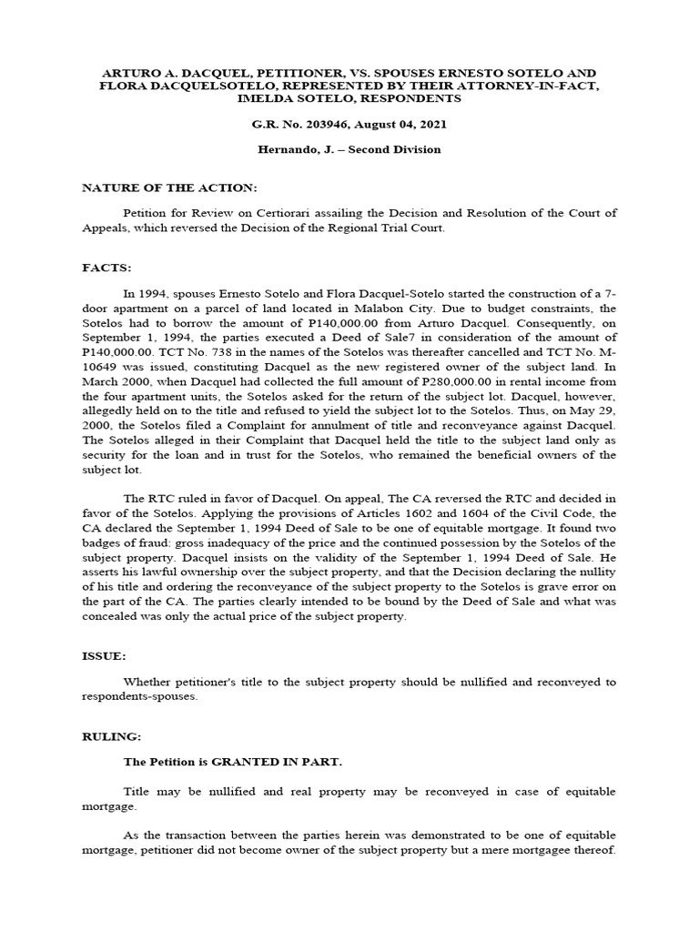 Dacquel Vs Sps Sotelo 2 PDF Free | PDF | Mortgage Law | Civil Law (Legal System)