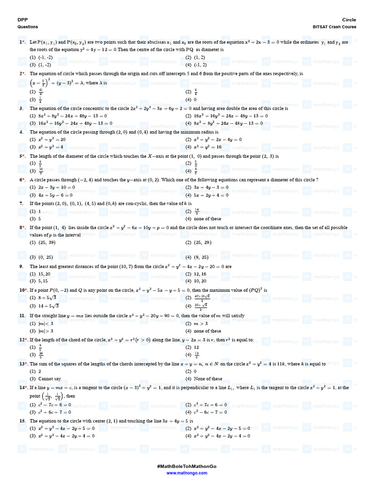 Maths Practice Paper BITSAT Crash Course | PDF | Circle | Mathematics