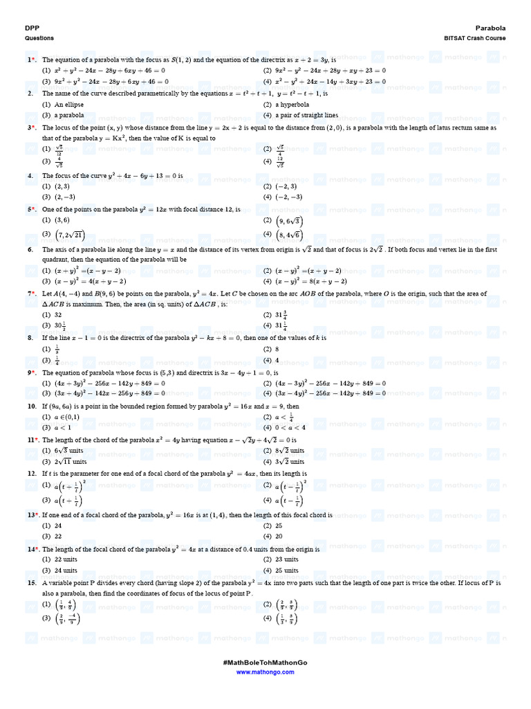 Question Parabola BITSAT Crash Course | PDF | Classical Geometry | Euclid
