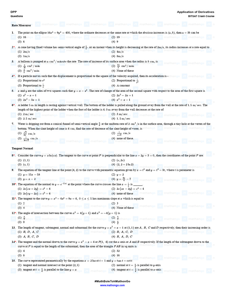 Question Application of Derivatives BITSAT Crash Course | PDF | Tangent ...
