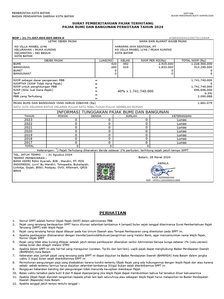 E-SPPT Kota Batam Esppt 2024 | PDF