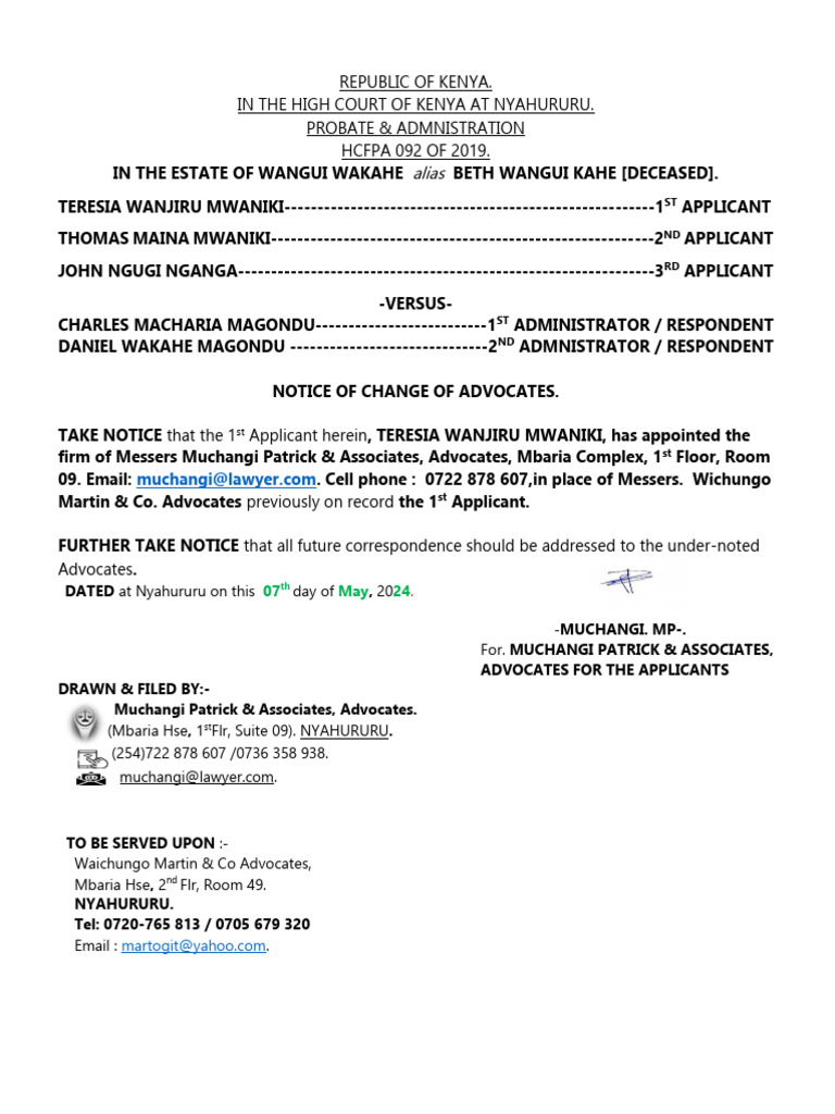 Estate of Beth Wangari Kahe Alias Wangari Wakahe - Final Copy of Summons Rectification of Grant ...