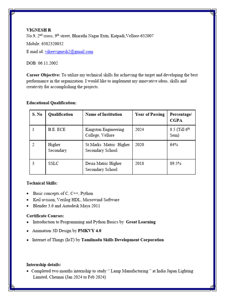 Vignesh Resume Format | PDF | Internet Of Things | Computing