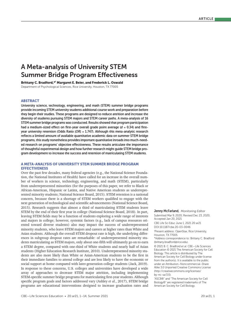Bradford Et Al 2021 a Meta Analysis of University Stem Summer Bridge Program Effectiveness | PDF ...