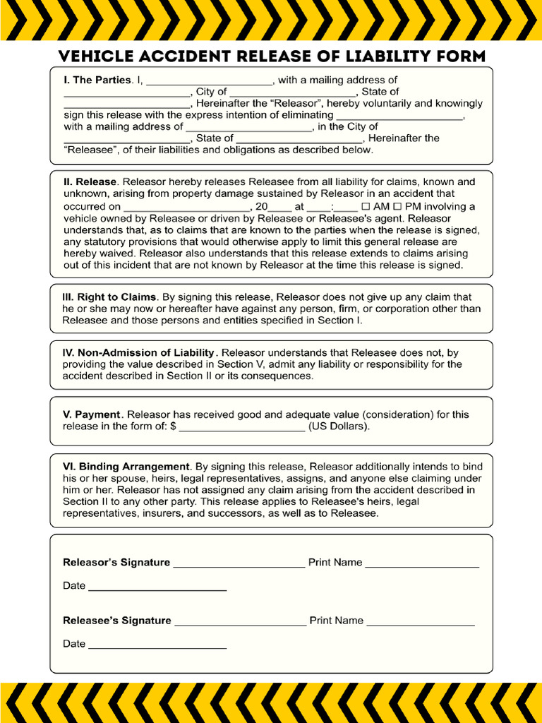 Car Accident Liability Release Form Template - 250837 | PDF