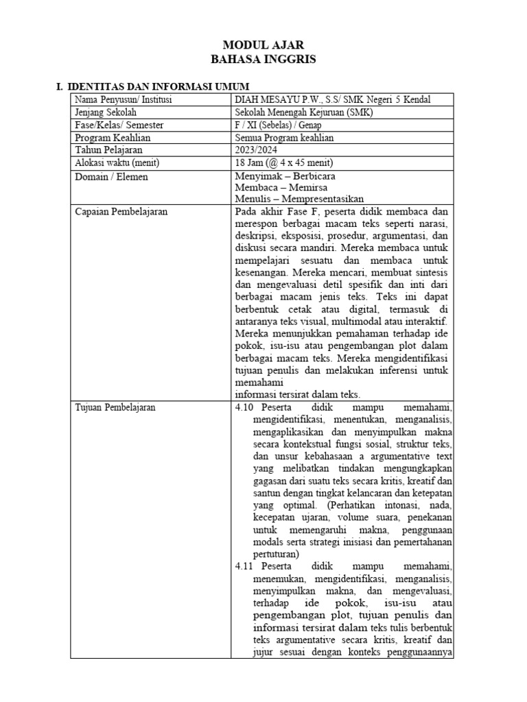Modul Ajar - Diah Mesayu - Bhs Inggris - XI - TP 2023 - 2024 | PDF | Karier & Perkembangan ...