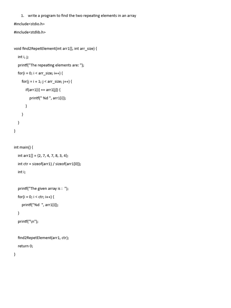 Write A Program To Find The Two Repeating Elements In An Array Pdf Computing Computer
