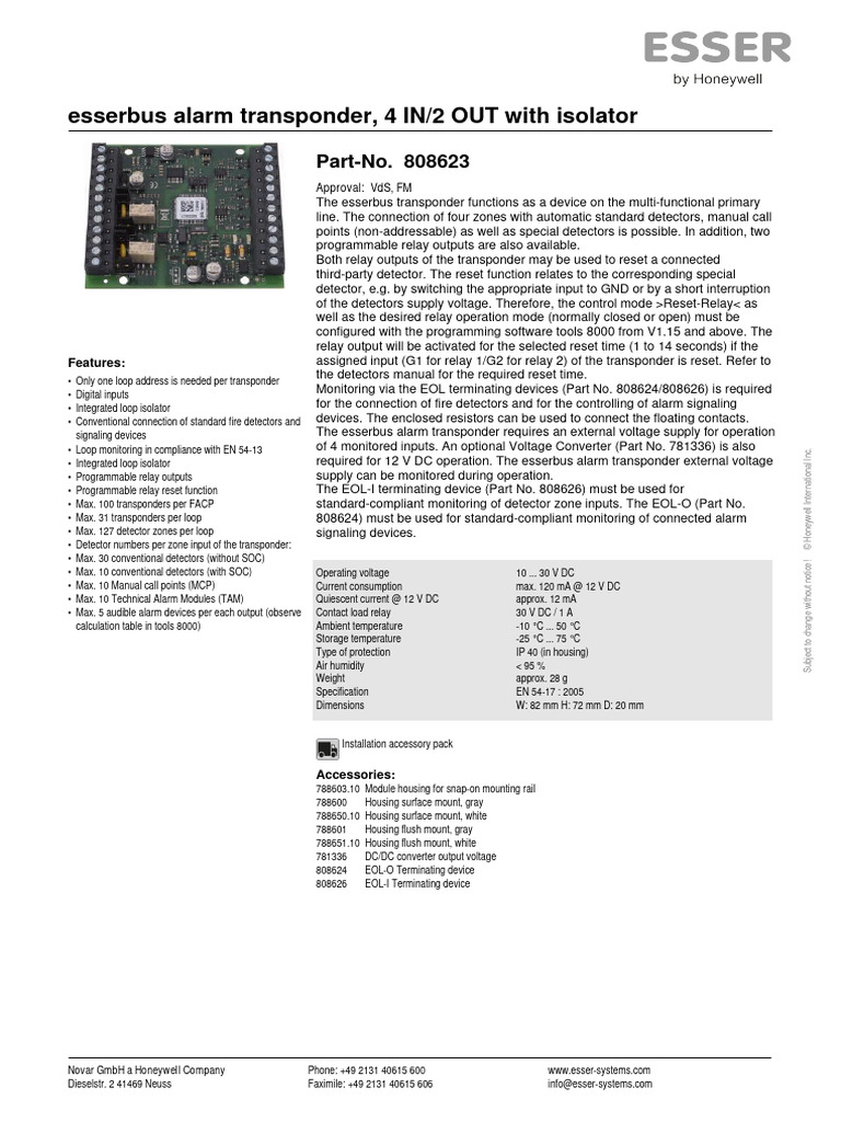 Esser 808623 Esserbus Alarm Transponder Datasheet | Download Free PDF ...
