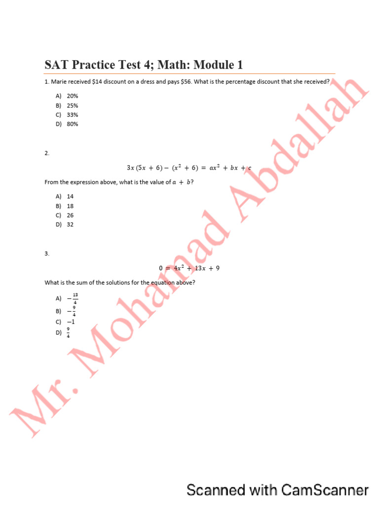 SAT Math Practice Test 4 Questions | PDF | Equations | Function ...