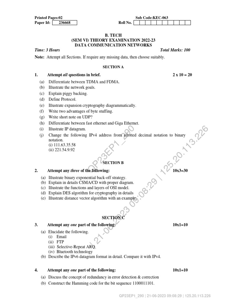 Btech Ec 6 Sem Data Communication Networks Kec 063 2023 | PDF ...