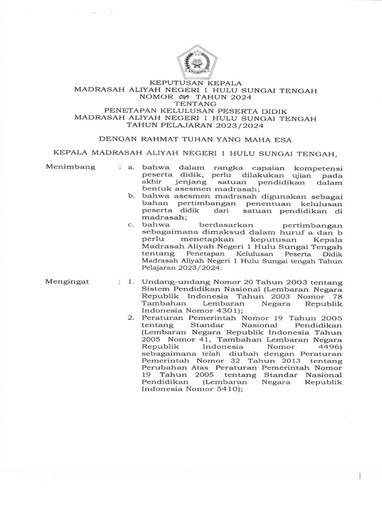 SK Kelulusan MAN 1 HST Tahun Pelajaran 2023 2024 | PDF