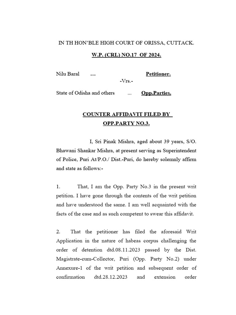 Counter Affidavit WP (CRL.) No.17 of 2024 | PDF | Affidavit | Criminal ...