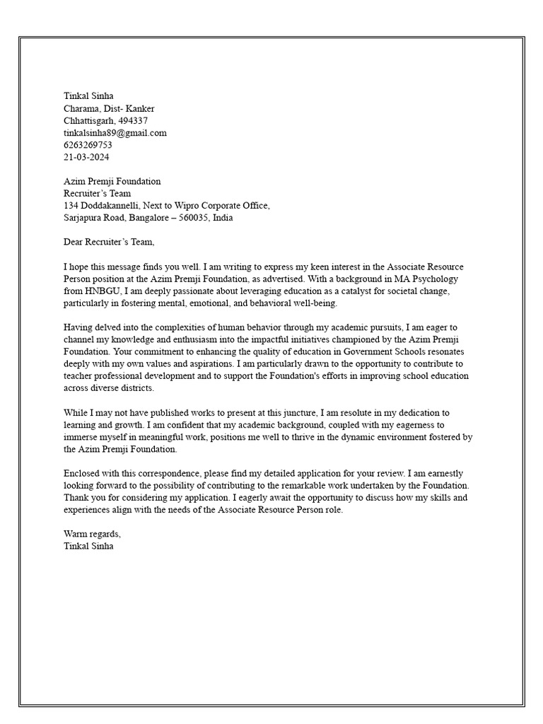 Tinkal Sinha Resume APrem Chand Foundation | PDF | Psychology ...