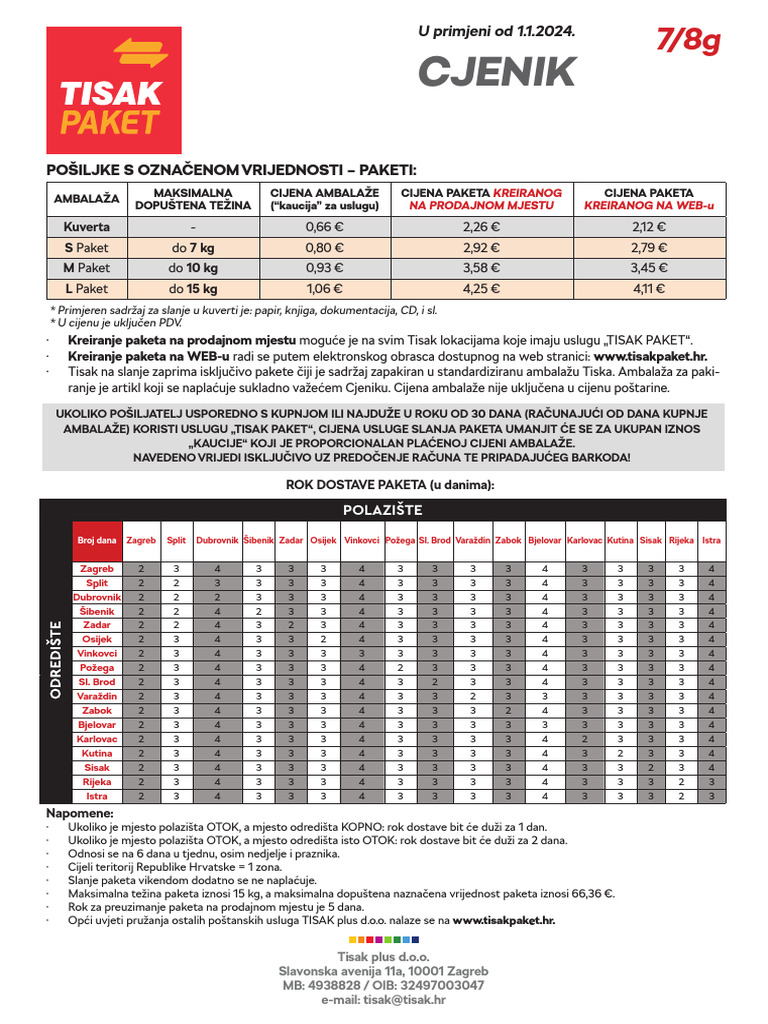 Cjenik Usluge Slanja Paketa I Cjenik Ambalaze | PDF
