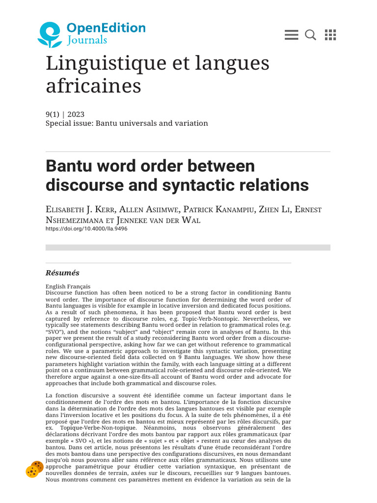 Bantu Word Order: Discourse vs. Syntax | PDF | Subject (Grammar) | Word