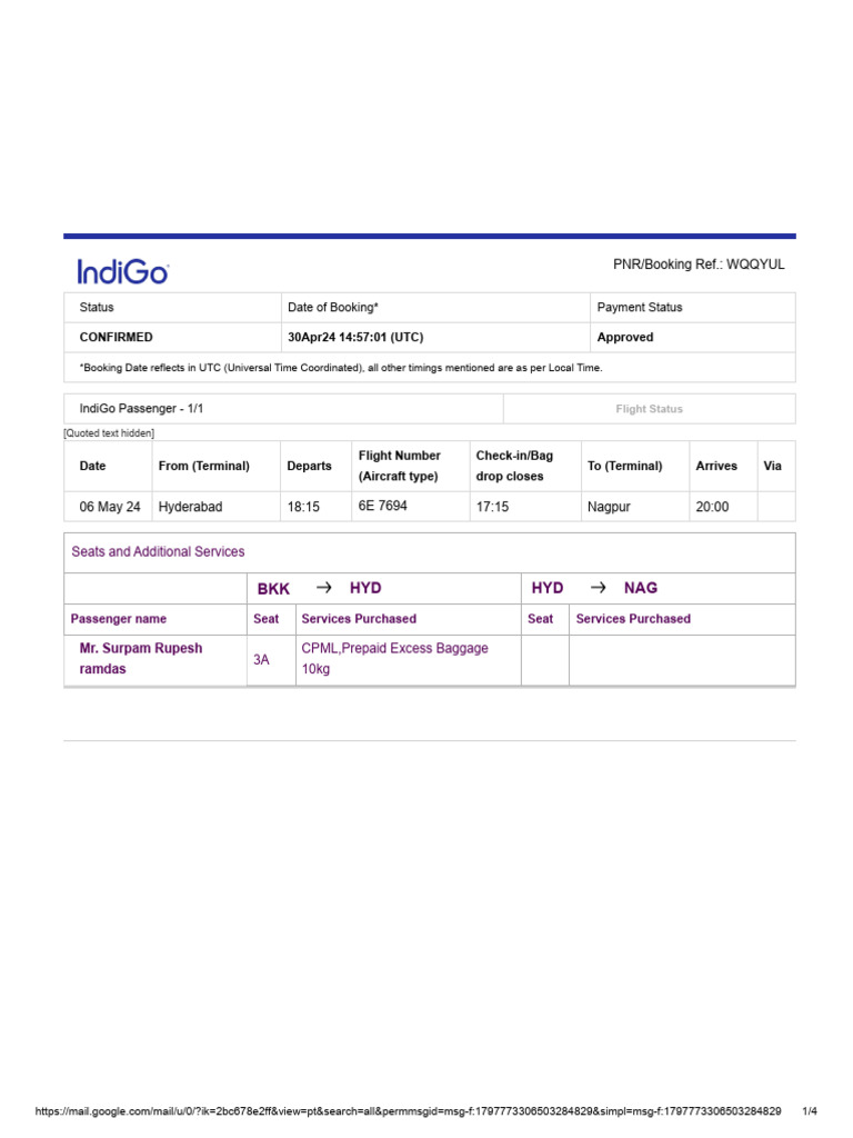 Your IndiGo Itinerary - WQQYUL | PDF