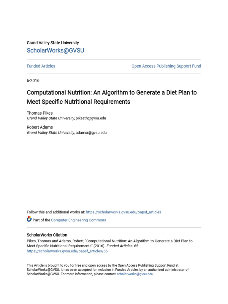 Computational Nutrition - An Algorithm To Generate A Diet Plan To | PDF ...
