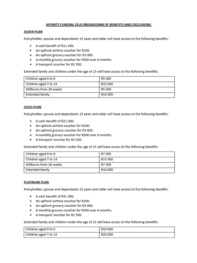 Affinity Funeral Plus Benefits Overview | PDF | Insurance | Financial Risk