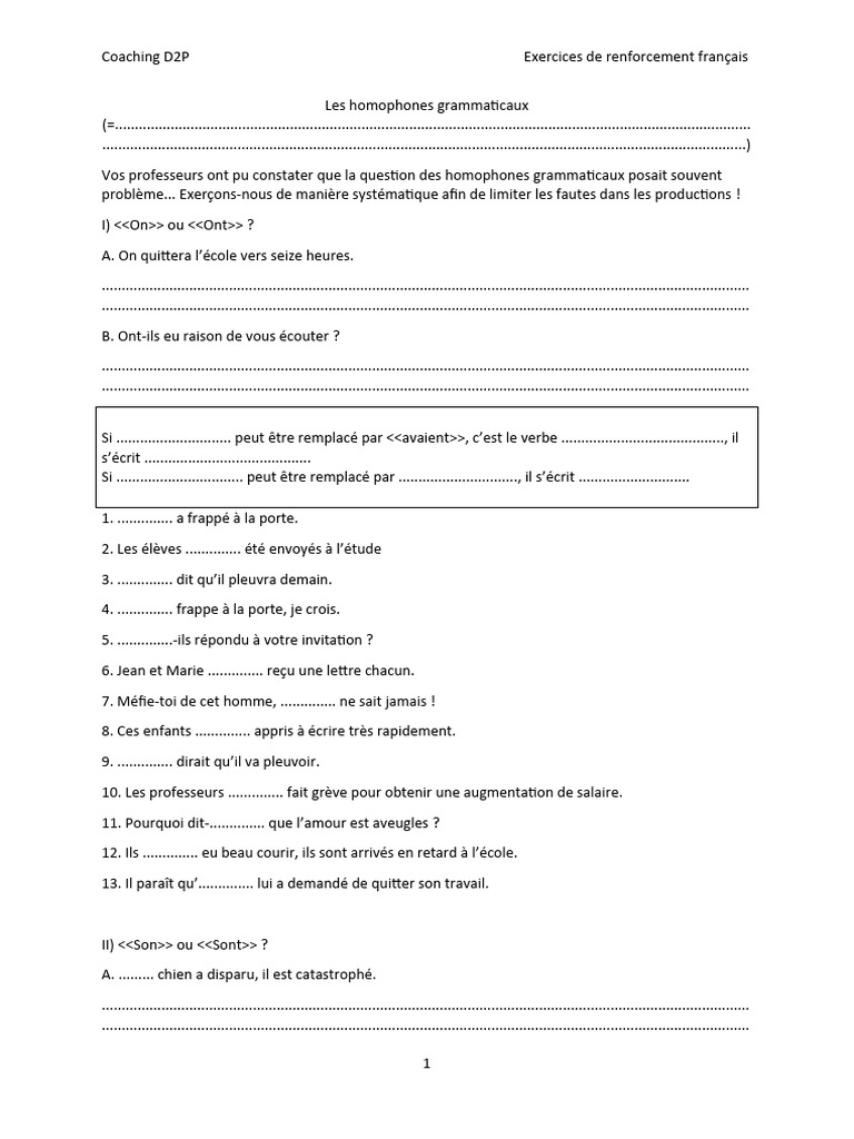 Exercices sur les homophones grammaticaux | PDF