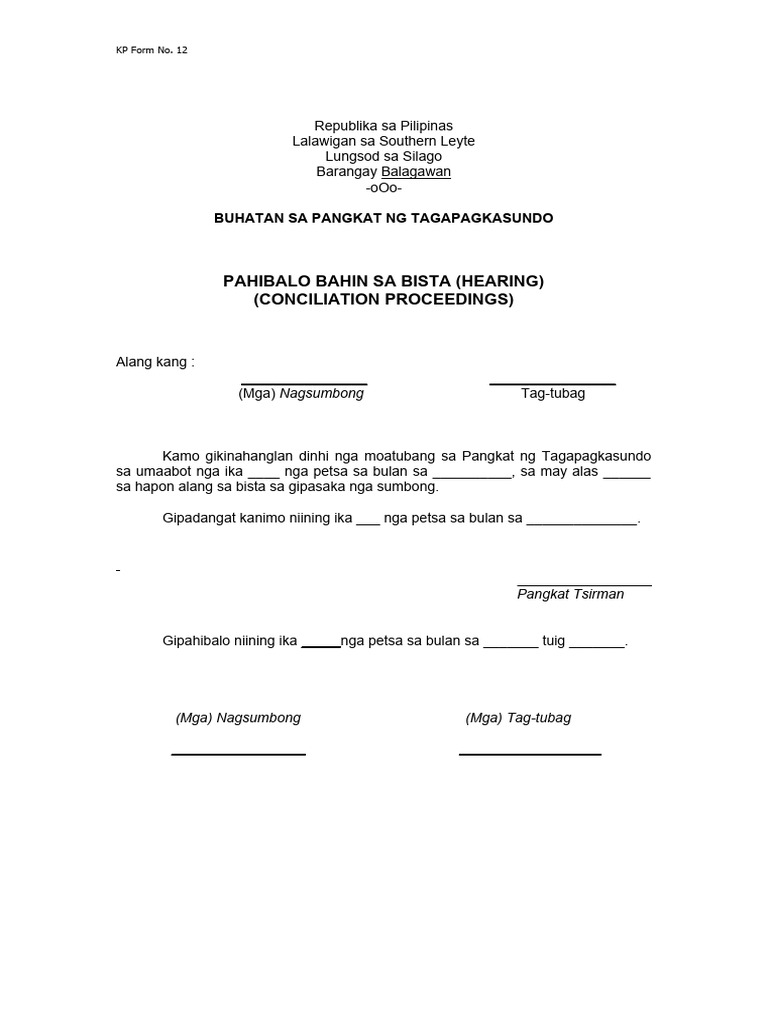 Kp Form 12 - Notice of Hearing (Conciliation) | PDF