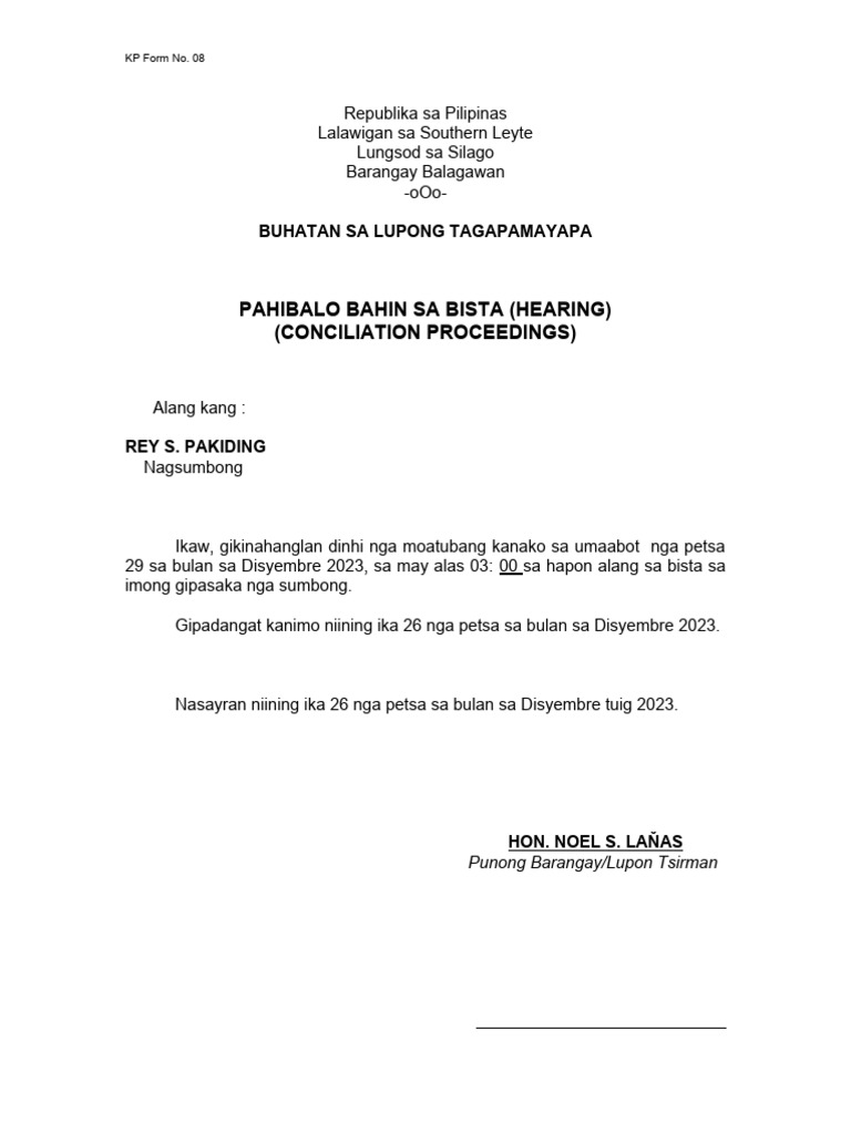 KP Form 8 - Notice of Hearing (Complainant) | PDF