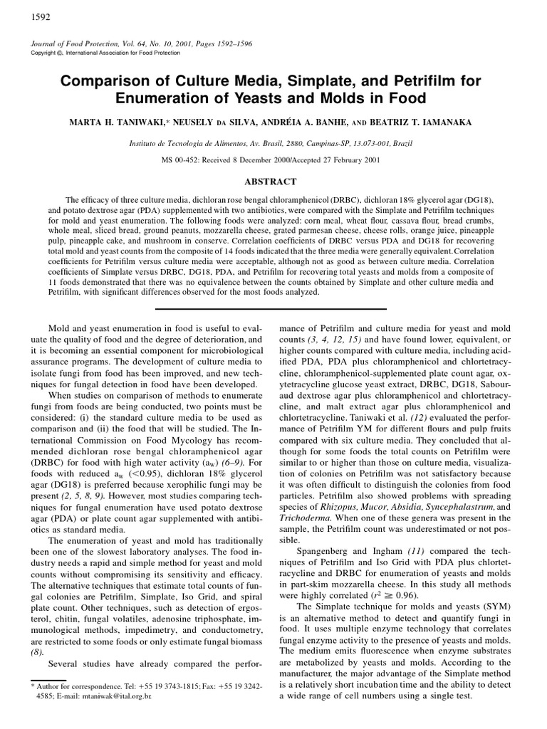 Comparison of Culture Media, Simplate, and Petrifilm For Enumeration of ...