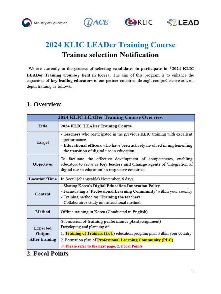 2024 KLIC LEADer Training Course Details | PDF | Educational Technology