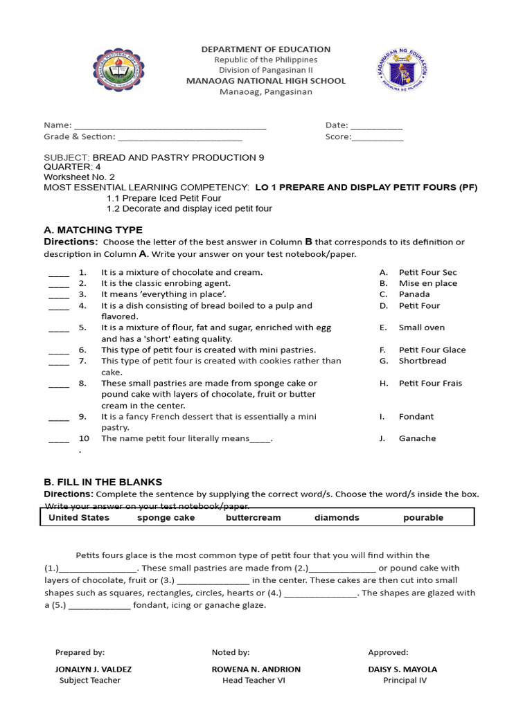 Worksheet in Bread and Pastry Production 9 | PDF | Cakes | Desserts