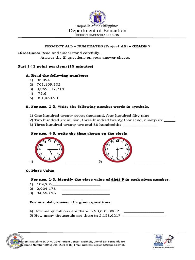 Project An Grade 7 Assessment Tool | PDF | Applied Mathematics | Arithmetic