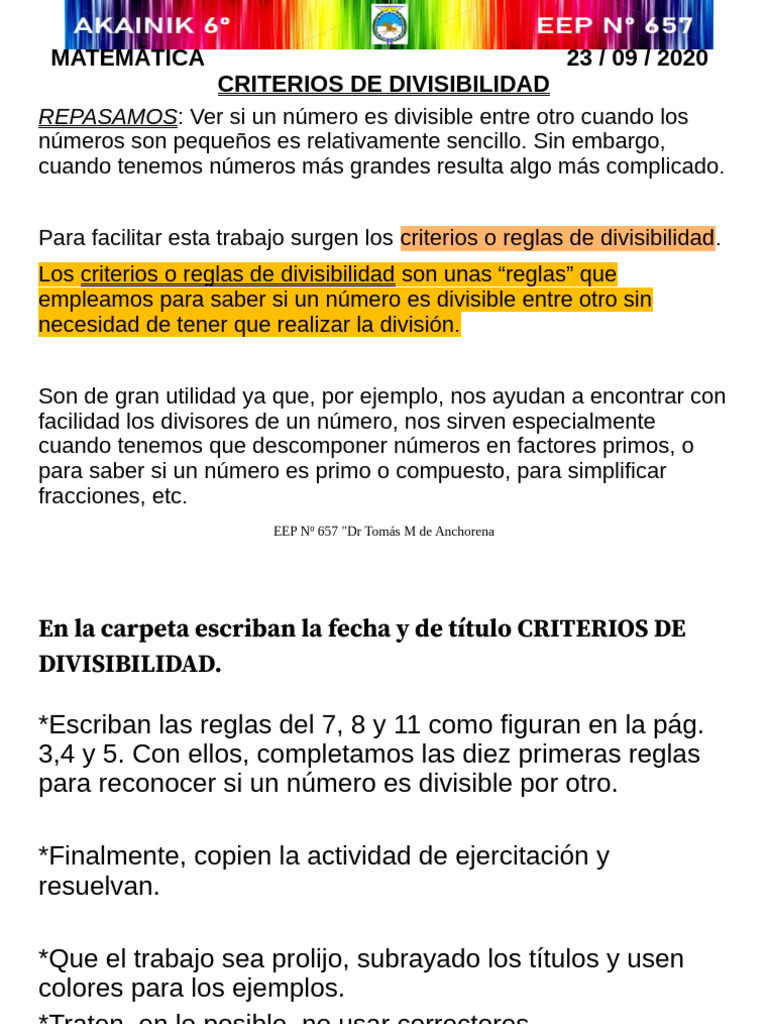 Criterios de Divisibilidad 7, 8 y 11 - 6º Grado - 23.09.2020 ACTIVIDAD ...
