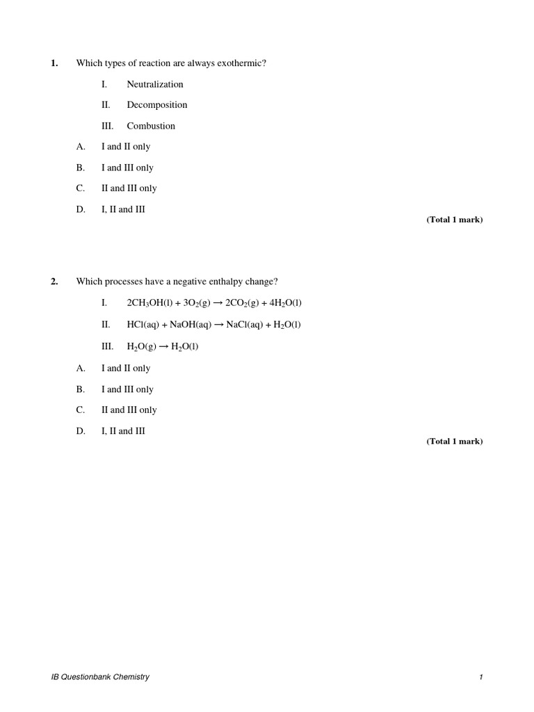 IB Chemistry Reaction Enthalpy Questions | PDF | Chemical Reactions | Sodium Hydroxide