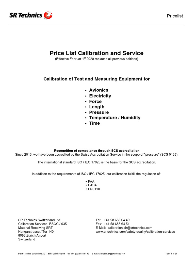 Srt CA Calibration Pricelist En | PDF | Metrology | Calibration