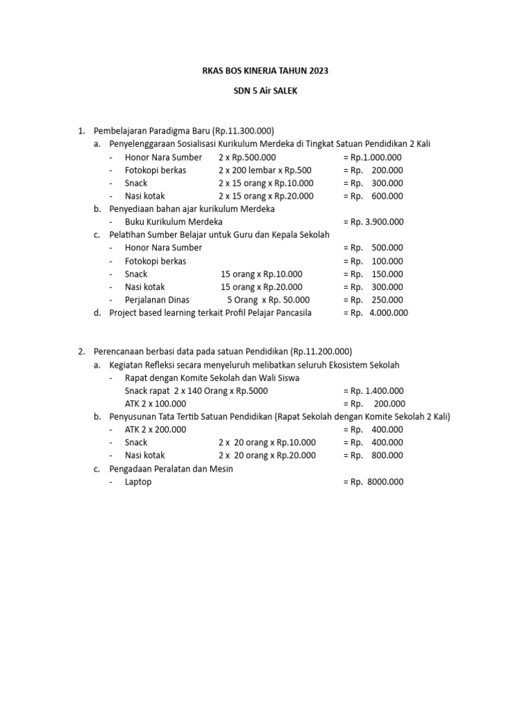 Rkas Bos Kinerja 2023 | PDF
