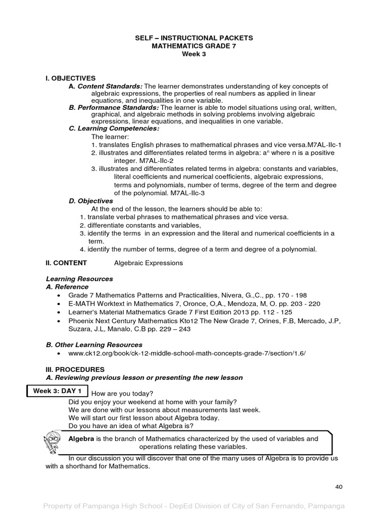 Q2 SIPacks GRADE 7 WEEK 3 Watermark 2 | PDF | Algebra | Mathematics